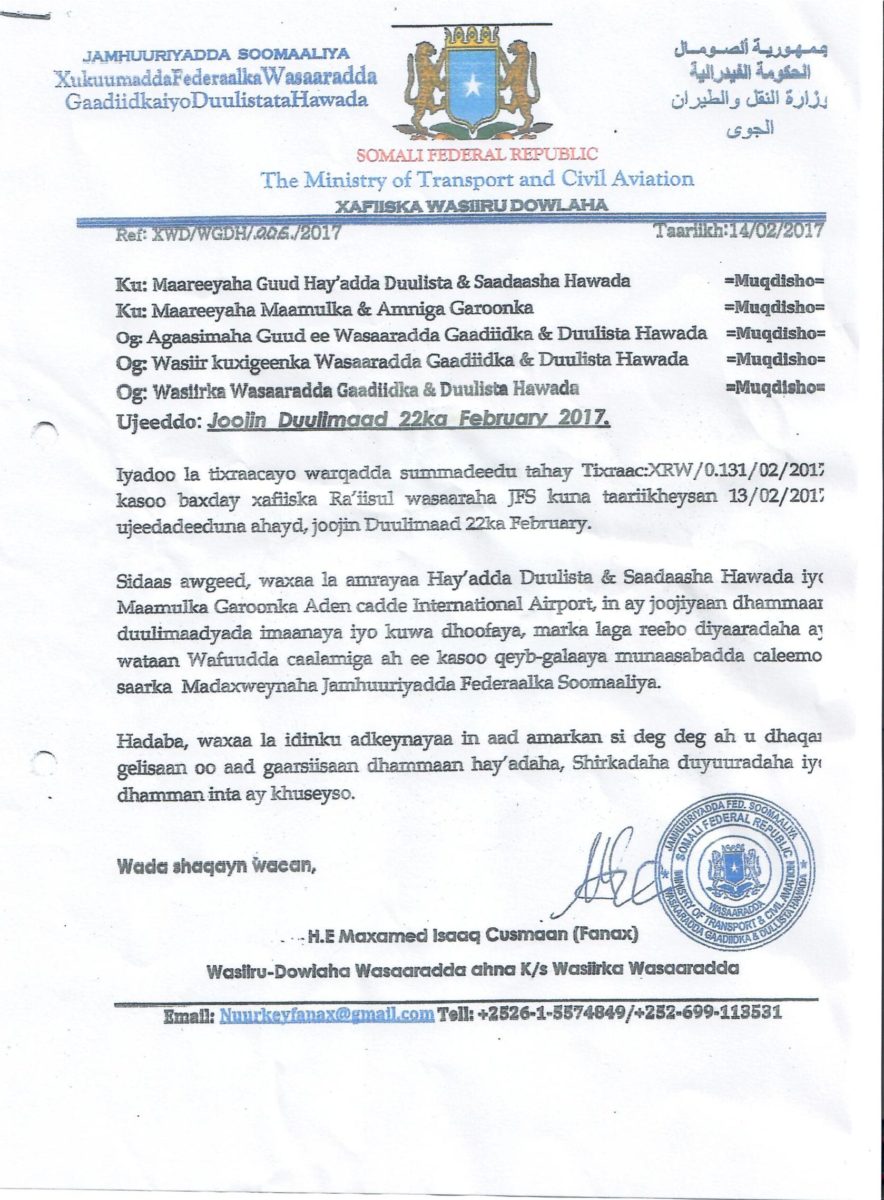 Caleemo Saarka Madaxweynaha Oo Saameyn Doona Duulimaadka Aden Cadde ...